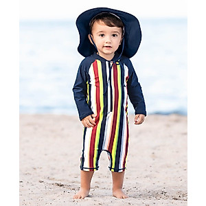 RUGGEDBUTTS Baby/Toddler Boy Swimsuit, One Piece Zipper Rash Guard Sunsuit with UPF 50+ Sun Protection - Sunset Stripe - 12-18m