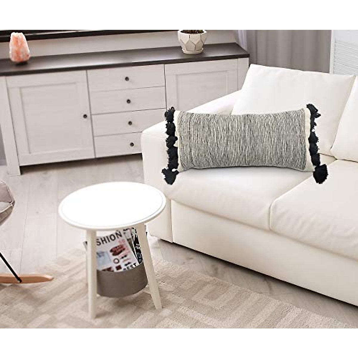 LR Home Distressed Fringe Pillow, 28"x12", Gray/Black/Ivory