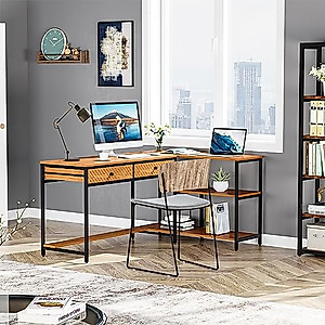 Tribesigns L Shaped Desk with 2 Drawers, 59” Reversible Computer Desk with Storage Shelves, Industrial Home Office Corner Desk Study Writing Table, Walnut