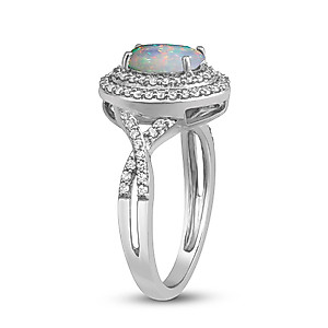 Jewelili Sterling Silver 8x6 MM Oval Cut Created Opal and Round Created White Sapphire Halo Engagement Ring, Size 7