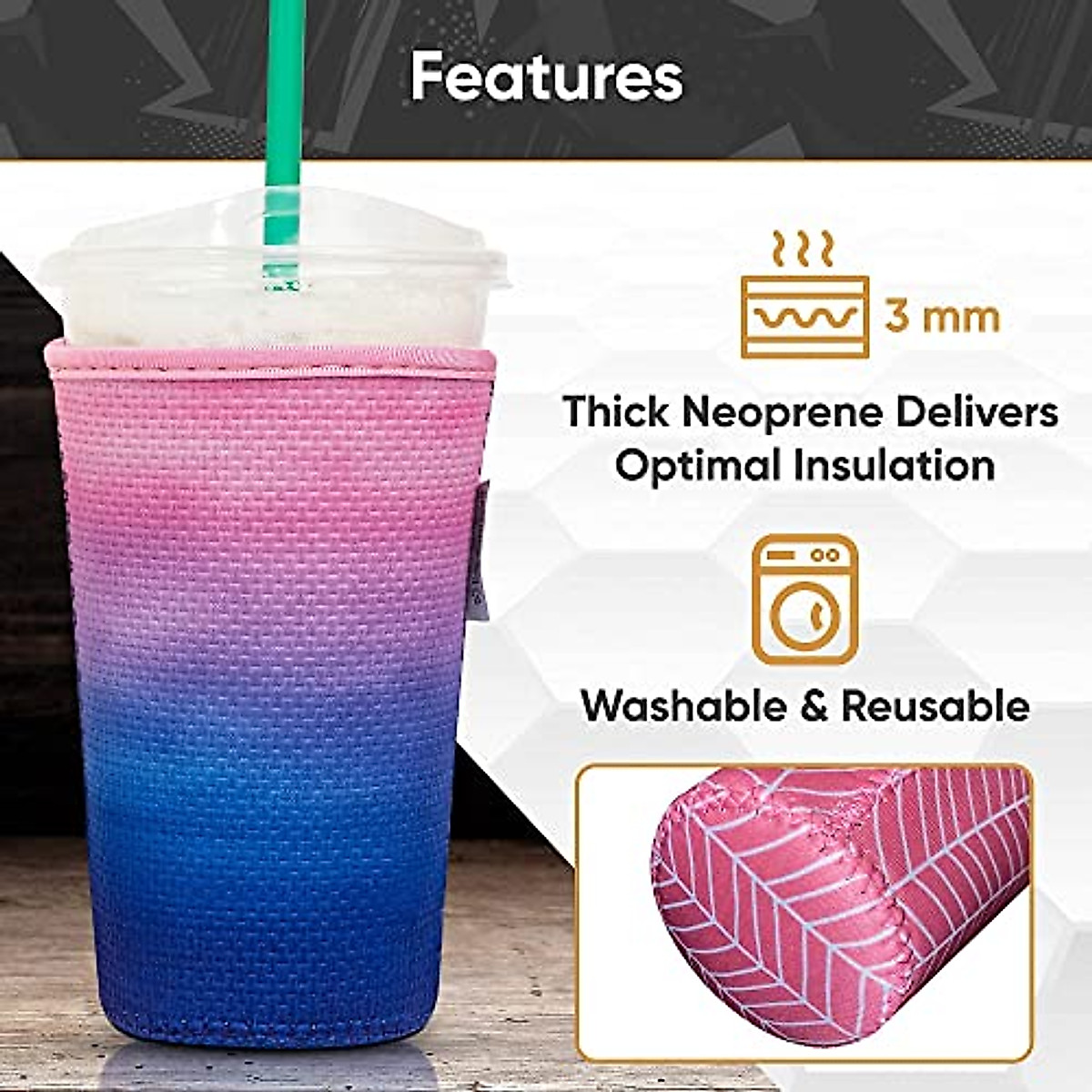 Baxendale Iced Coffee Sleeves for Cold Drink Cups - 3 Pack Reusable Neoprene Iced Coffee Cup Sleeve for Cold Drinks, Compatible with Starbucks Dunkin and more (3 PK S/M/L, Black Wanderlust)