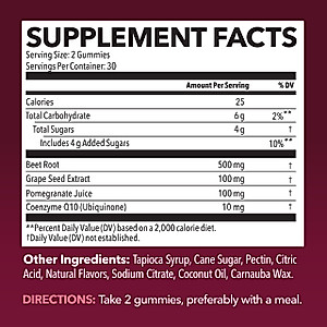 Beet Root Gummies with COQ10 & Pomegranate - Nitric Oxide Supplement for Men and Women - Endurance, Performance, Recovery - Vegan, Non-GMO, Gluten Free - Mixed Berry Flavor, 1 Month Supply