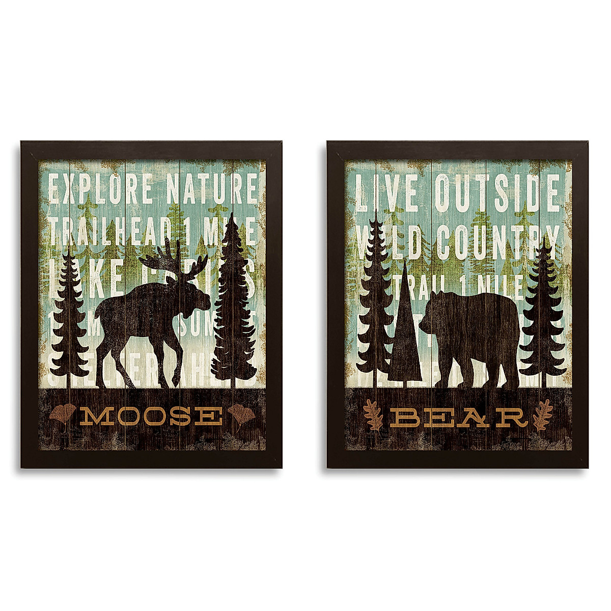 Rustic Forest Moose and Bear Set by Michael Mullan; Cabin Lodge Decor; Two 11x14in Brown Framed Prints; Ready to hang!