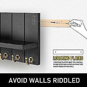 Rebee Vision Decorative Key and Mail Holder for Wall - Farmhouse 15 Inches Floating Shelf with 7 Sturdy Key Hooks for Home Entryway Wall Decor - Rustic Key Racks (Black)