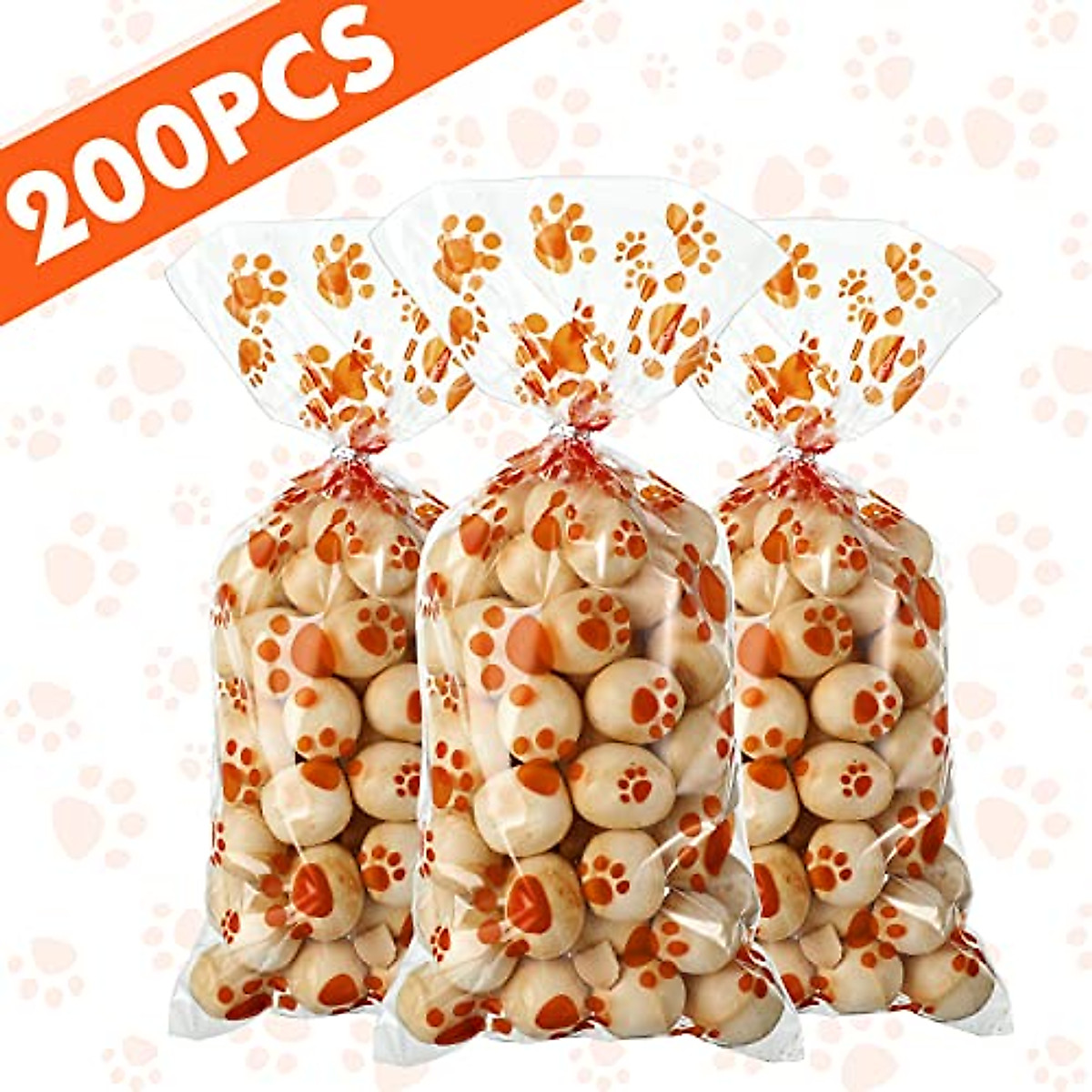 Blulu 200 Pieces Pet Paw Print Cone Cellophane Bags Heat Sealable Candy Bags Dog Paw Gift Bags Cat Treat Bags with 200 Pieces Silver Twist Ties for Pet Treat Party Favor (Orange)