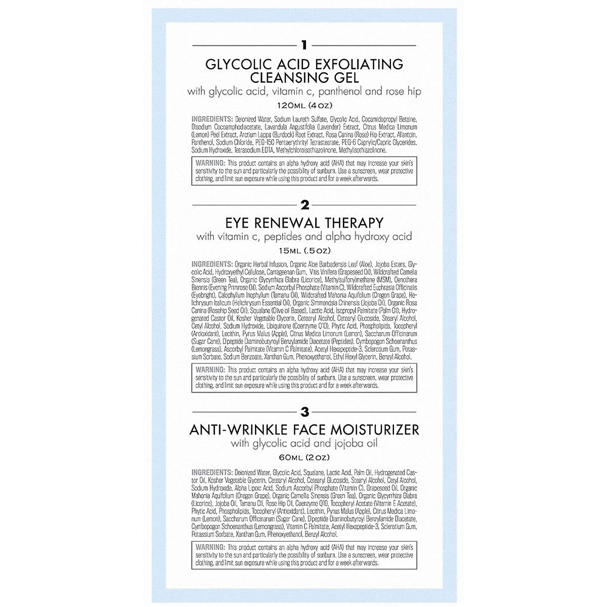 Anti Aging Skin Care Kits for Her or Him Glycolic Acid Face Cleanser/Alpha Hydroxy Face Wash, Glycolic Acid 10% Daily Moisturizer & Eye Cream for Dark Circles. Skincare Set Kit for Women & Men