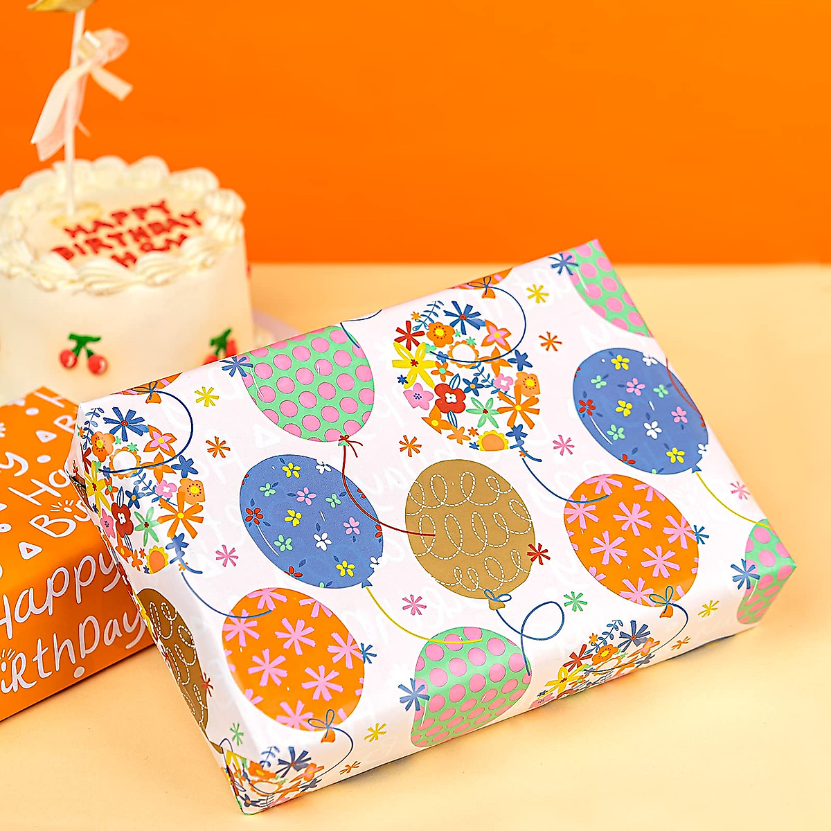 LeZakaa Reversible Birthday Wrapping Paper Roll - Flower Balloon & Happy Birthday Lettering - 17 inches x 32.8 Feet (46.45 sq.ft.)
