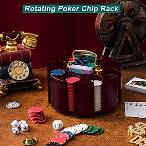 Wettarn Poker Chips Poker Set, 200 Count Rotating Poker Chip Case Wood Carousel Case Holder with 200 Pcs Chips and 2 Decks of Playing Cards for Casino Party Supplies Family Game Gambling Accessory