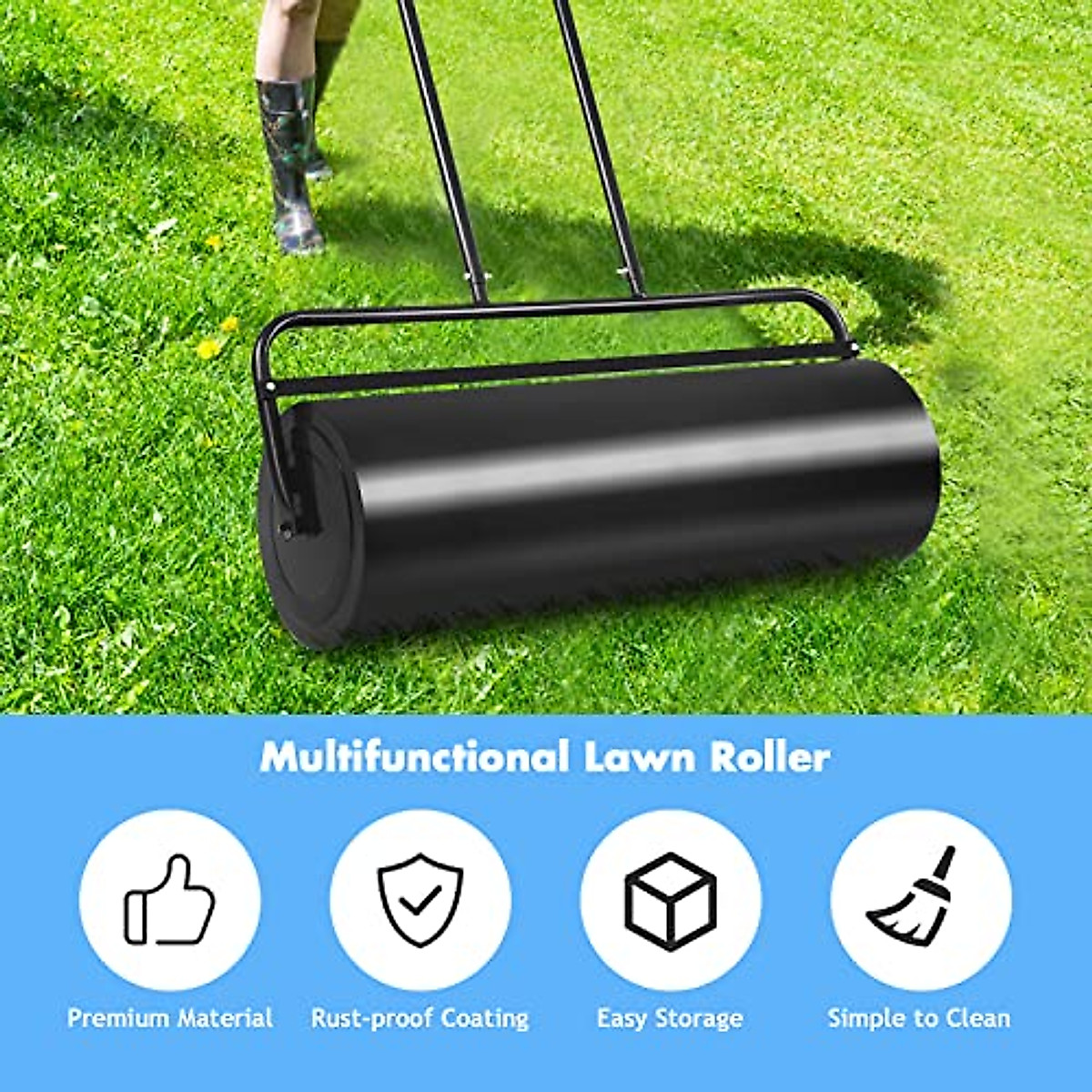 Goplus Lawn Roller, Push/Tow Behind Water/Sand Filled Steel Yard Sod Roller for Garden Backyard, 13 Gallon/48 L, 24"x13", Black