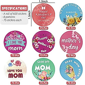 600pcs Happy Mother's Day Stickers, 8 Patterns 1.5 inch Envelope Seals Labels Stickers for Gifts Card Candy Bag Cookie Box Cupcake Dessert Party Favors Decoration