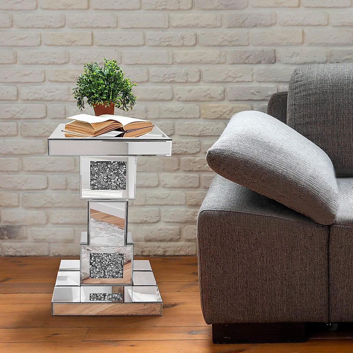 GA Home Silver Mirrored End Table with Crystal Inlay, Modern Mirrored Side Table Accent Table, Square Small Mirrored Coffee Table for Living Room, Bedroom