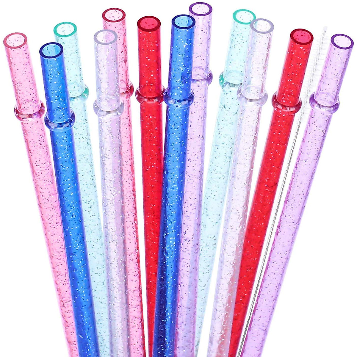 Ayoyo 6 Pcs 11 Inch Reusable Plastic Straws Glitter Party Wedding Holiday Drinking Straw for Tumbler 1 Cleaning Brush Include