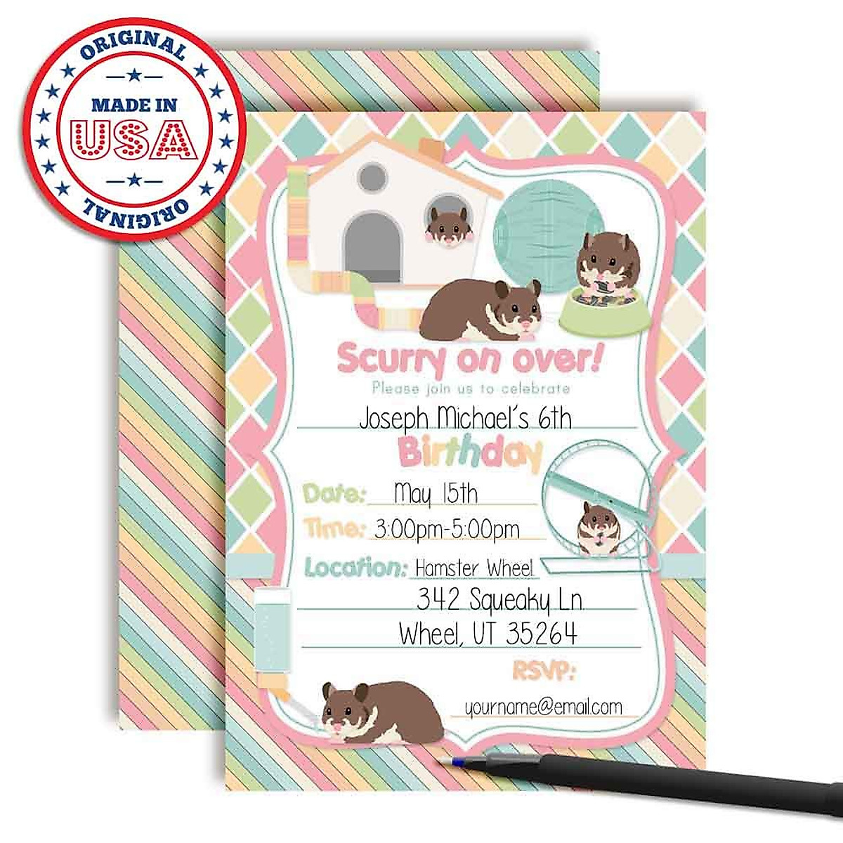 Pet Hamster Themed Birthday Party Invitations for Kids, 20 5x7 Fill In Cards with Twenty White Envelopes by AmandaCreation