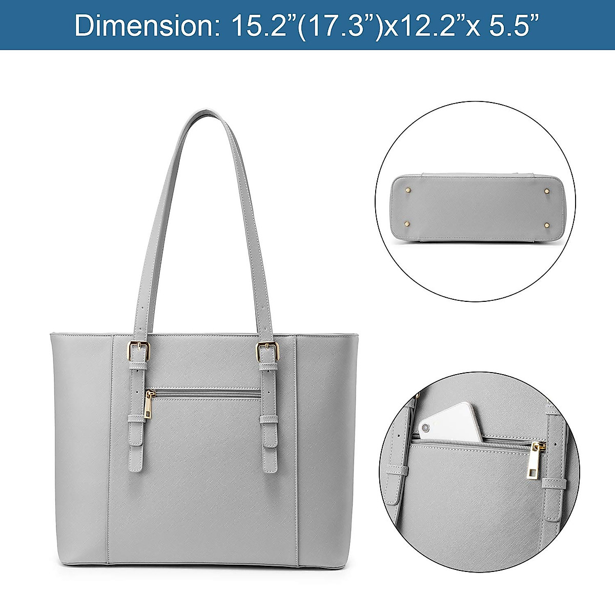 LOVEVOOK Laptop Bag for Women, Structured Leather Computer Bag, Professional Work Tote Purse, Teacher/Attorney’s Choice, Light-Grey