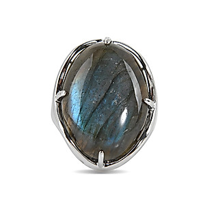 Natural Stone Adjustable Finger Rings Semi Precious Oval Shaped Gemstone Jewelry For Women Anniversary Birthday Wedding Gift (AA Quality Labrodarite)