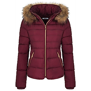 BodiLove Thickened Winter Puffer Jacket with Removable Faux Fur Hood Fleece Lining Burgundy