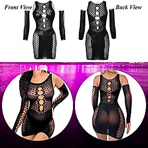 QuneusHot 7 pieces Fishnet Babydoll lingerie Dress Chemise Bikni Cover Outfit Halter Nightwear Long Sleeve S-XXXL Black