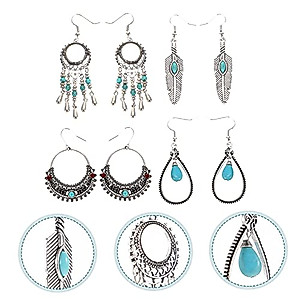 Abaodam 4 Pairs Turquoise Earrings Funky Earrings Earring Hoops for Women Earrings for Women Hoops Turquoise Jewelry Ladies Jewelry Fashion Jewelry Bohemian Miss Metal Body Accessories