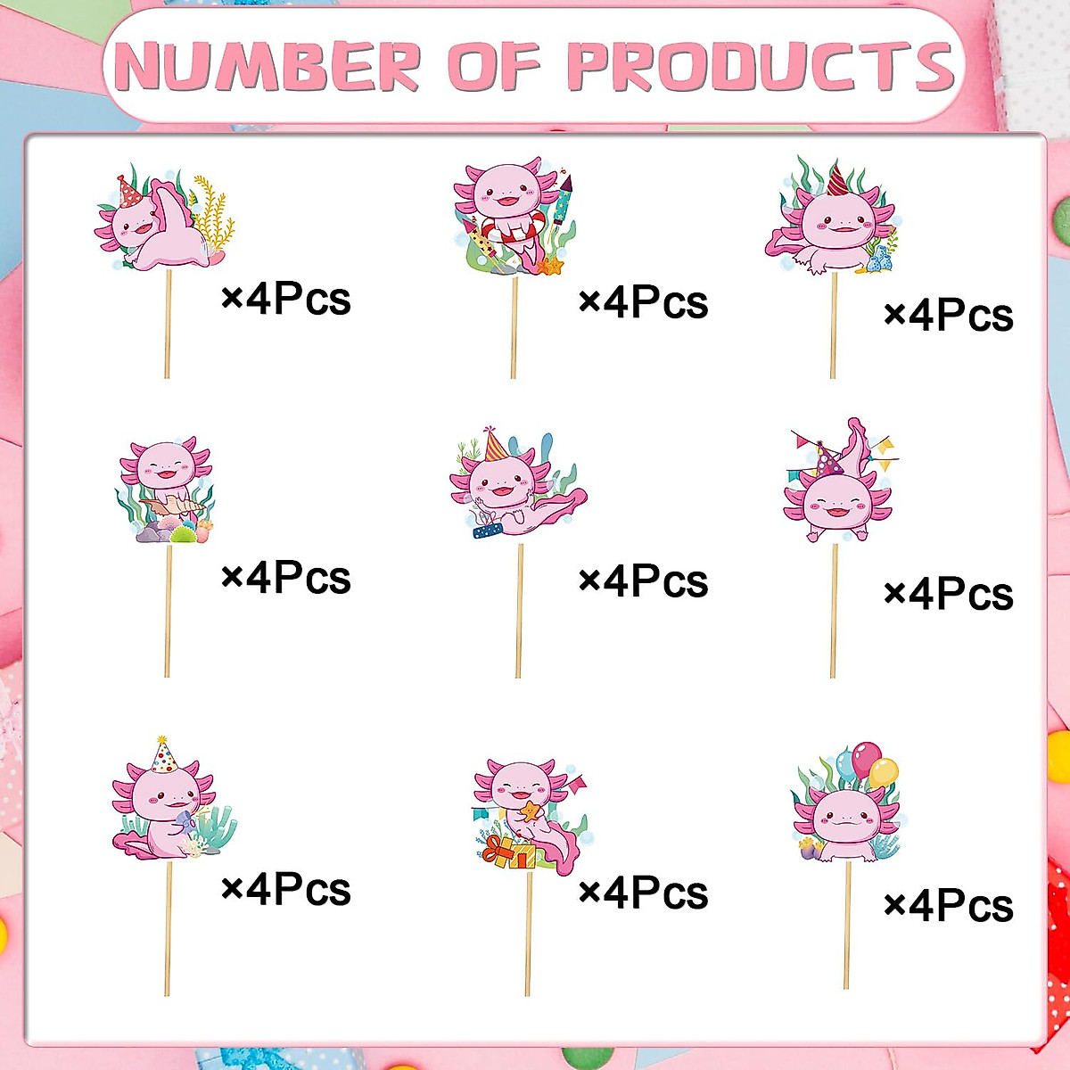 Wxiben Axolotl Birthday Cupcake Toppers - 36PCS Axolotl Birthday Decorations Cute Axolotl Party Cake Topper Decorations Supplies Axolotl Salamander Baby Shower Cupcake Toppers Decor for Kids Girls