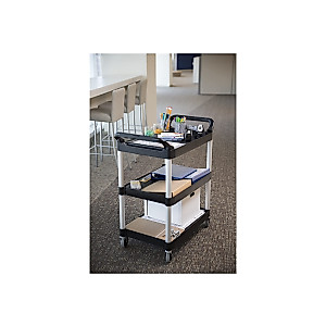 Rubbermaid 342488BLA Economy Plastic Cart, Three-Shelf, 18-5/8w x 33-5/8d x 37-3/4h, Black