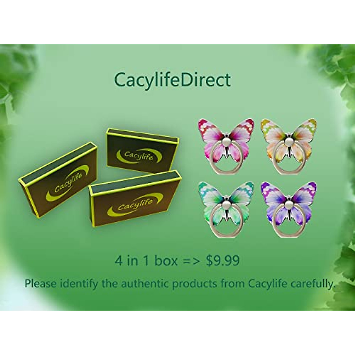 Cacylife Cute Butterfly Cellphone Stand Set,Kawaii Ring Holder Grip For Girls and Women,Compatible with iPhone,Samsung Galaxy,iPad,Tablet and other Phones or Case(4 Pack with Pink,Yellow,Purple,Green)