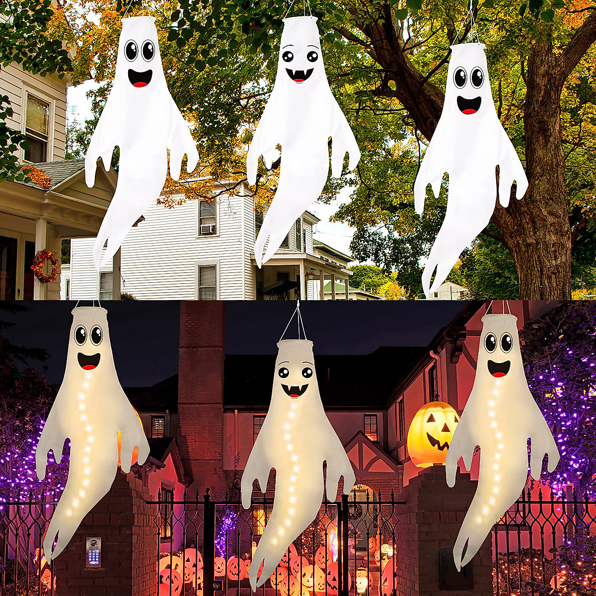 43 Inch Halloween Ghost Windsocks Hanging Decorations - Flag Wind Socks for Home Yard Outdoor Decor Party Supplies (3 Pieces,Batteries Not Included,No Timer)