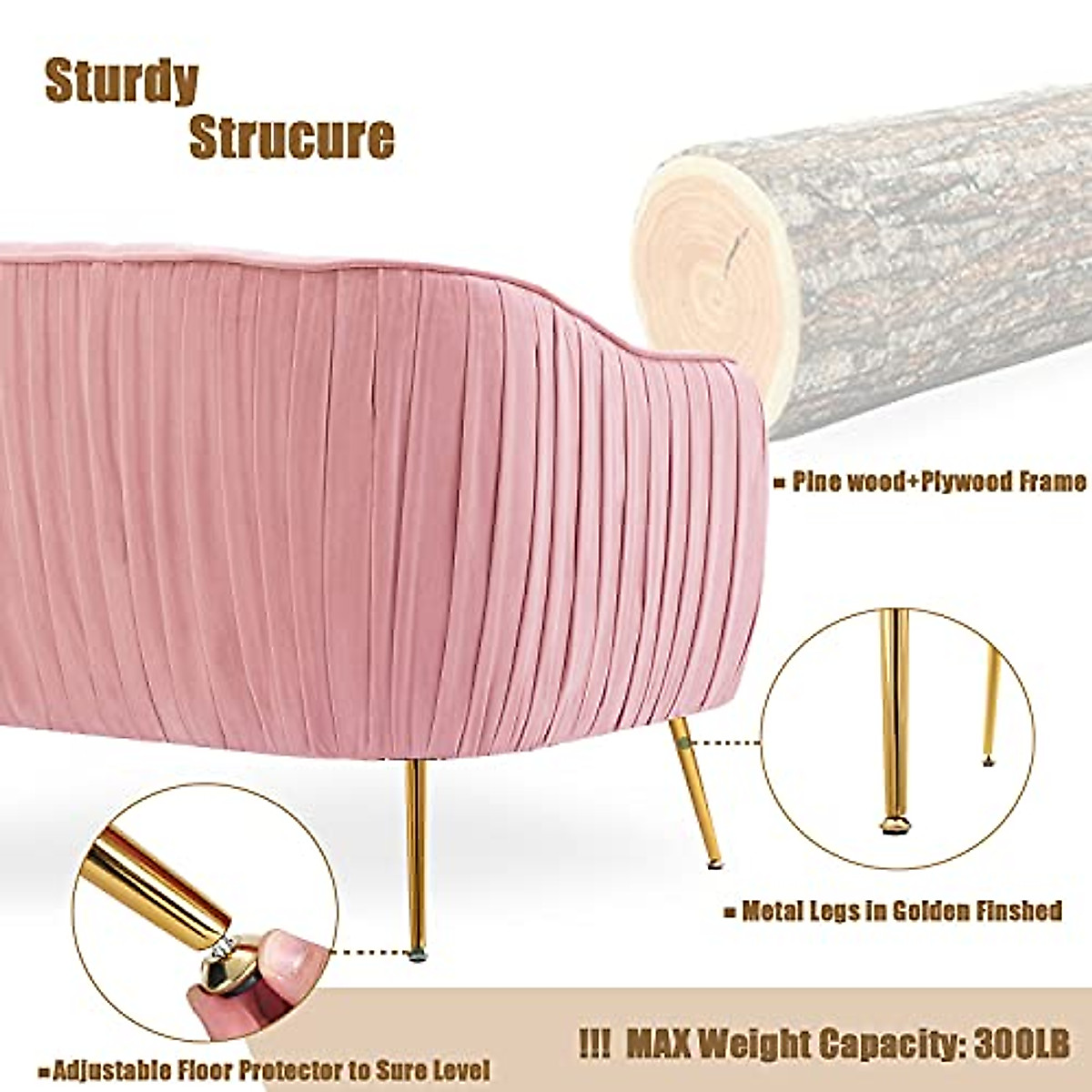 Altrobene Velvet Sofa Couch for Two People, Modern Loveseat for Living Room Bedroom Small Spaces, Blush Pink