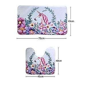Amagical 3 Pieces Shower Curtain Set Bathroom Mat Set Unicorn Printed Bath Mat + Contour Mat + Shower Curtain + 12 Hooks