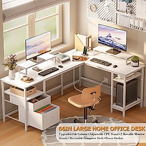 Furologee White 66” L Shaped Desk with Power Outlet, Reversible Computer Desk with File Drawer & 2 Monitor Stands, Home Office Desk with Storage Shelves, Corner Desk for Gaming Writing