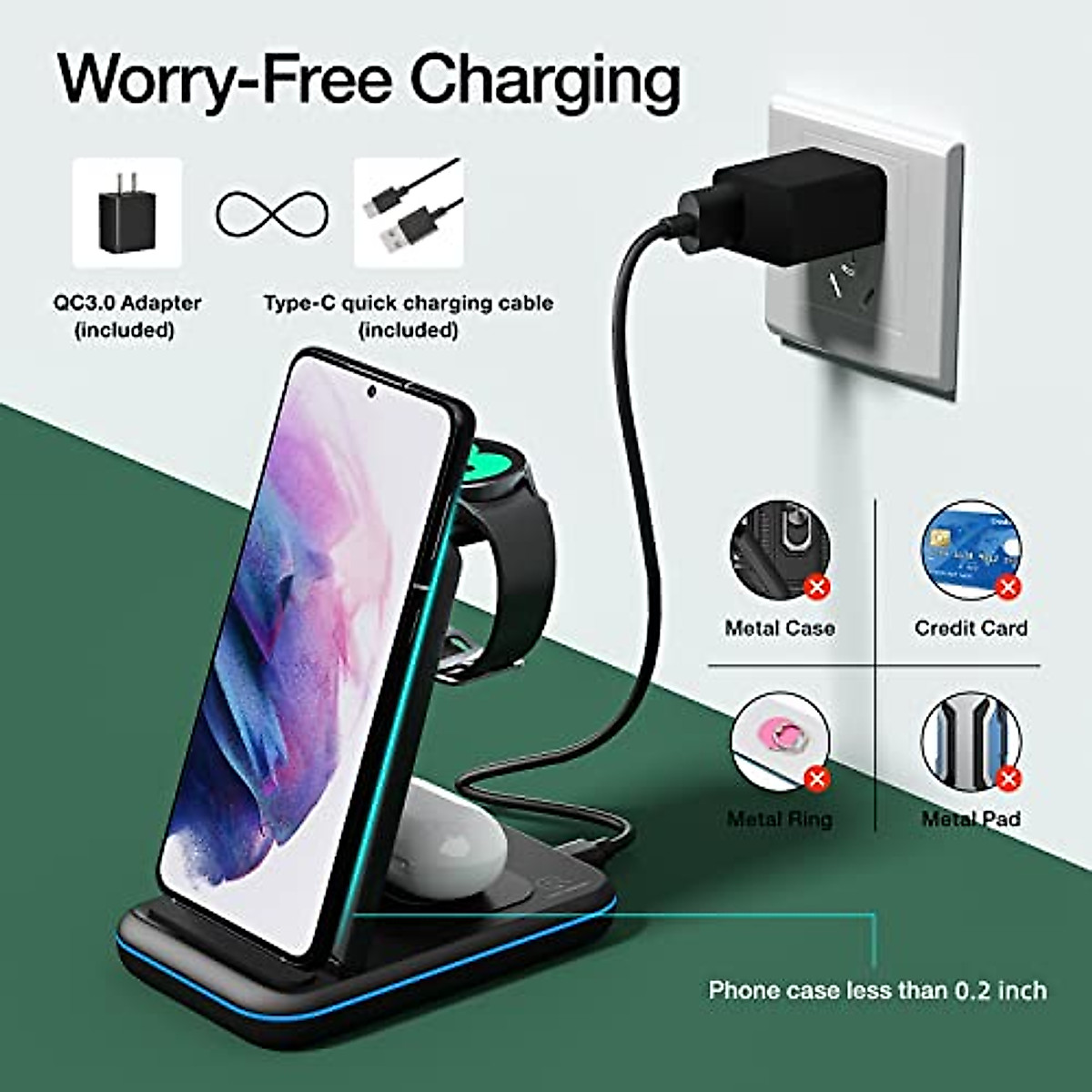 Wireless Charging Station for Samsung, Earteana 3 in 1 Qi Certified Charger/Stand for Samsung Galaxy S23/S22/S21/S20/Note20/10, Galaxy Watch4/Classic/3/1/Active 2/1, Buds+/Live with Adapter (Black)