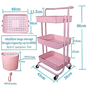 Piowio 3 Tier Utility Rolling Cart Multifunction Organizer Shelf Storage Cart with 3 Pieces Cups and 8 Pieces Hooks for Home Kitchen Bathroom Laundry Room Office Store etc. (Pink)