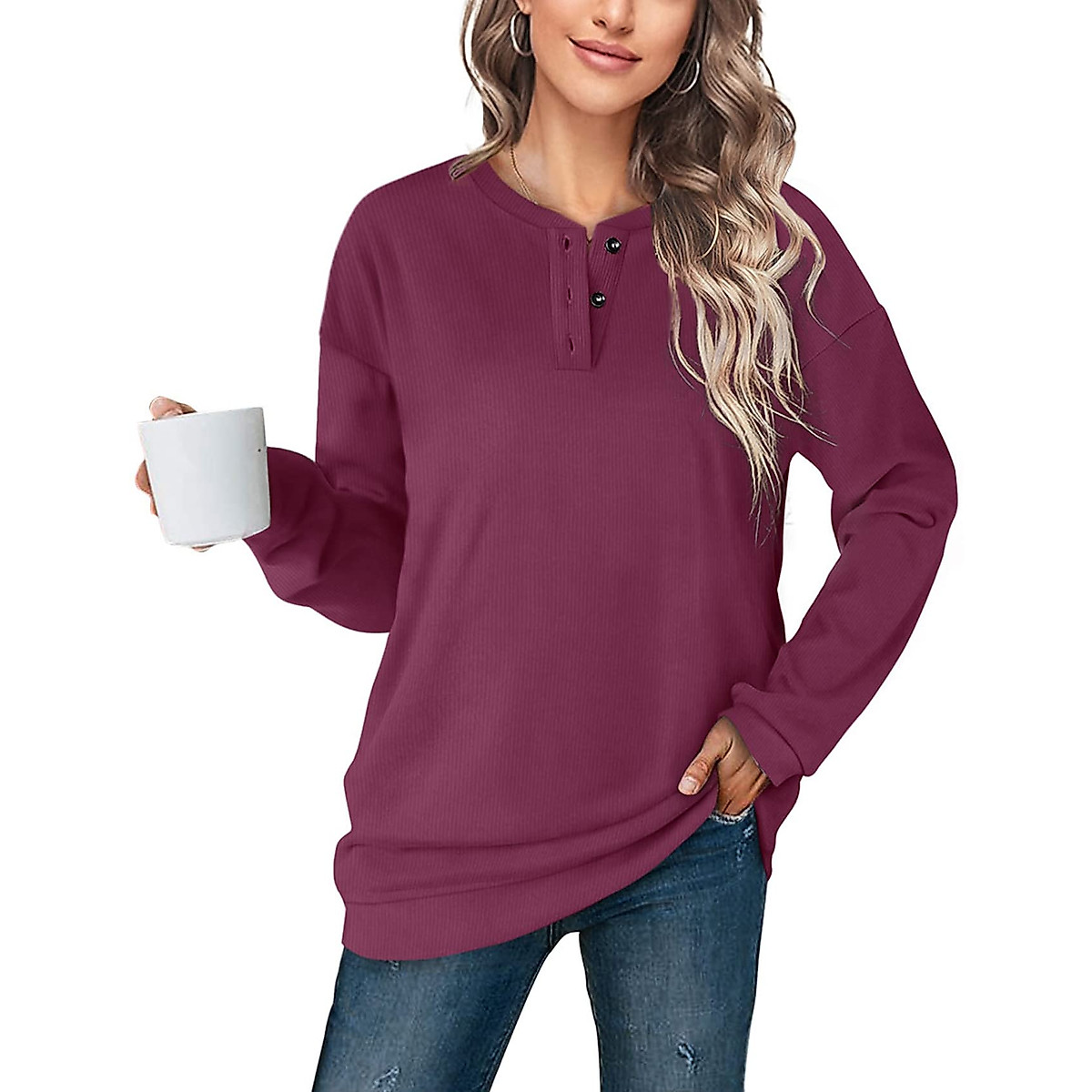 OFEEFAN Comfy Sweatshirts For Women Crew Neck Tunic Tops To Wear With Leggings Deep Purple L