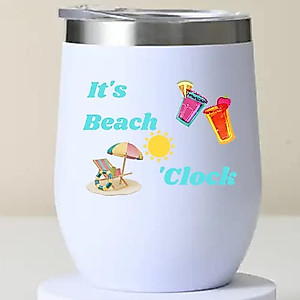 Lovely shape, White, It's Beach O 'Clock 3D UV Color Printing, Beach Accesories, Wine Tumbler Double Wall Stainless Steel Insulated 12oz, Durable Coffee Mug, Cocktail, Beer, Office (white)