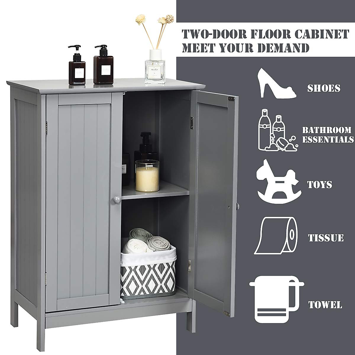 Tangkula Bathroom Floor Cabinet, Freestanding Storage Cabinet with Double Doors and Shelf, Modern Home Furniture, Wooden Home Organizer for Living Room, Bathroom Storage Cabinet, Grey