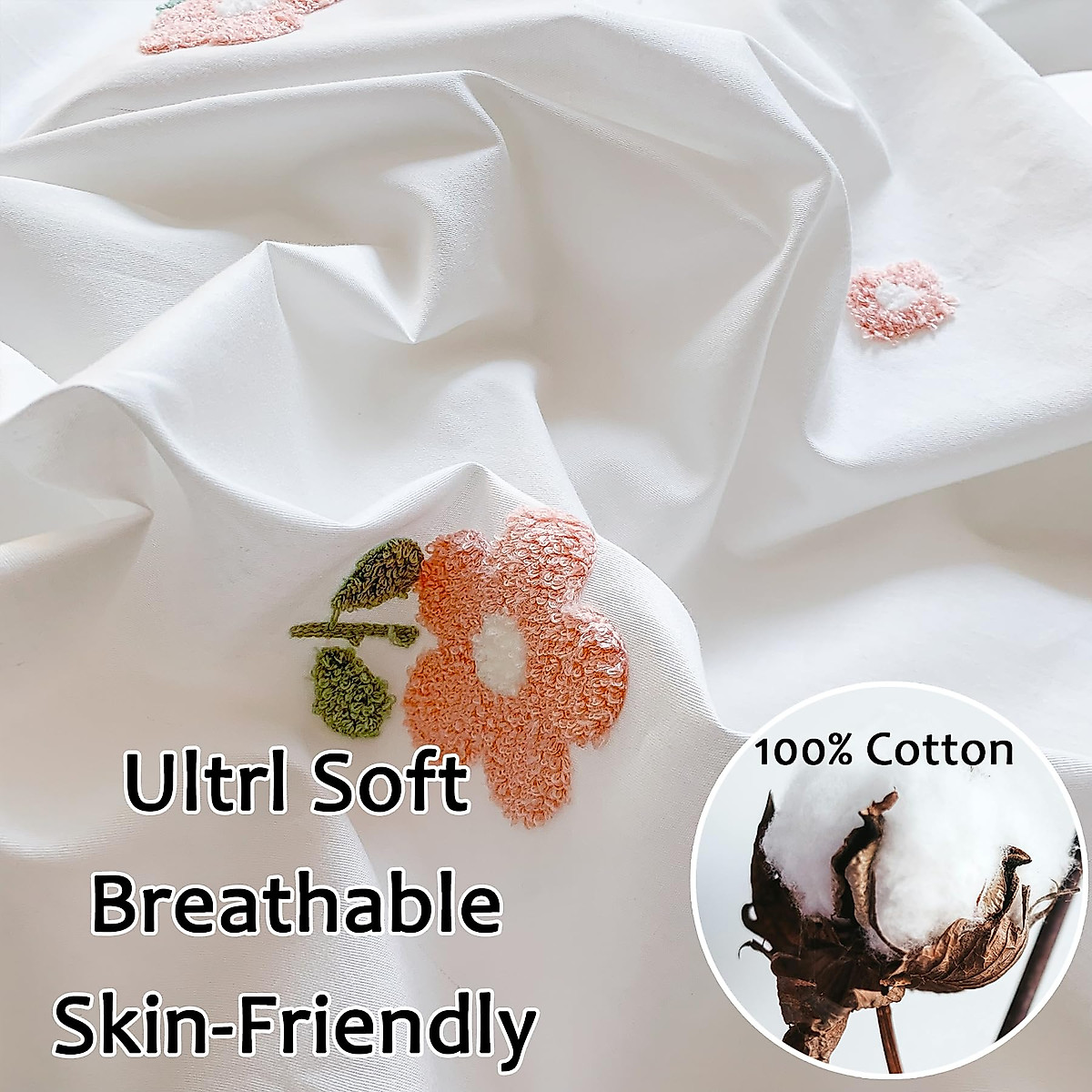 MorroMorn Twin Duvet Cover Cotton, 3D Embroidery Twin Bedding Sets, Cute Chenille Embroidered Comforter Covers Summer Blanket Soft Dry Sweat-Absorb for Girls Kids Teen (Flowers White, Twin/Twin XL)