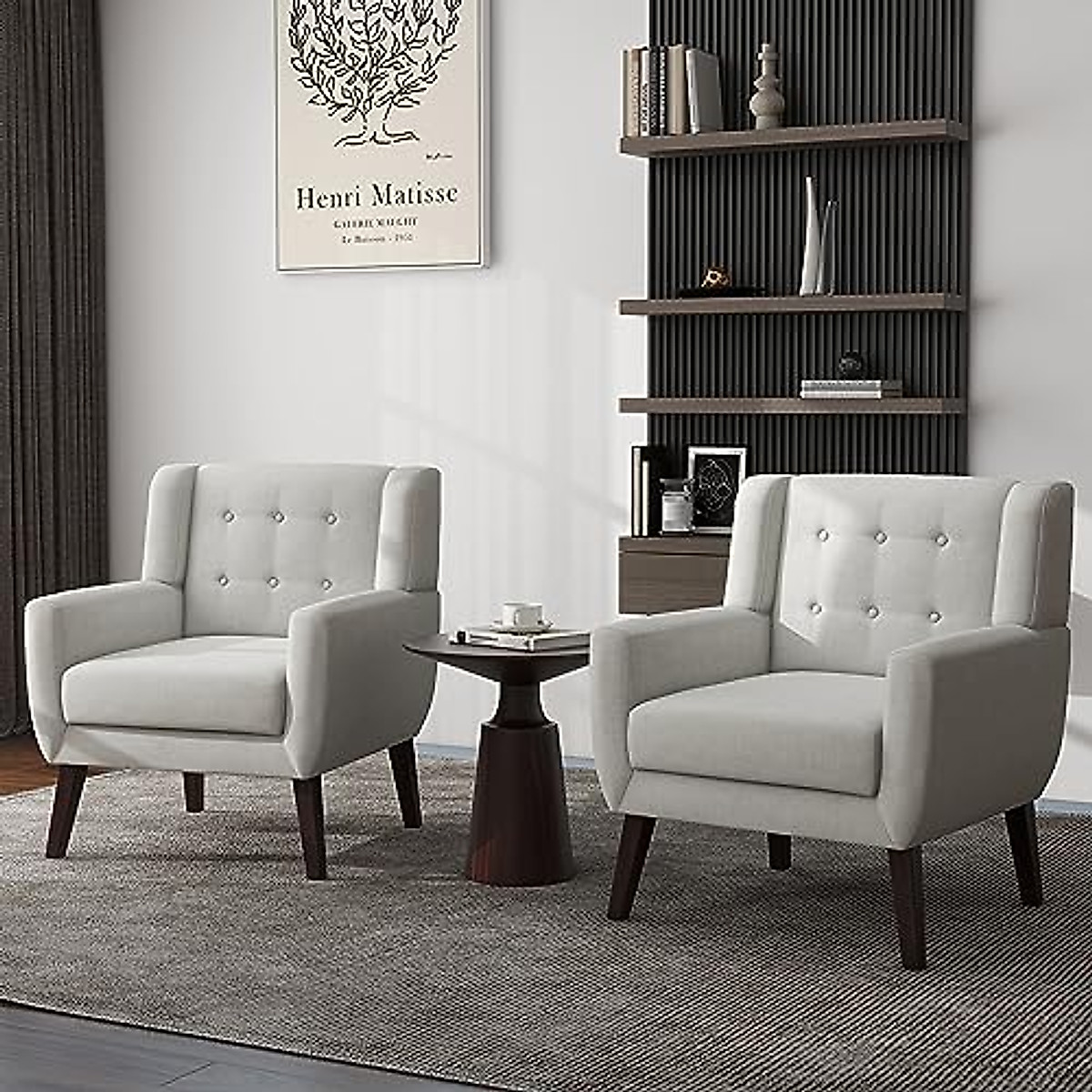 UIXE Comfy Arm Accent Chairs for Bedroom, Mid Century Modern Armchair Living Room Sofa Chair with Wooden Legs, Linen Fabric Button Tufted Upholstered Reading Chair for Home Office (Beige)