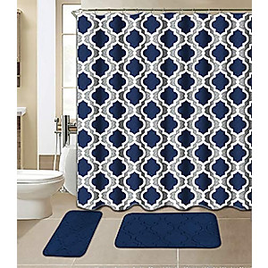 All American Collection 15-Piece Bathroom Set with 2 Memory Foam Bath Mats and Matching Shower Curtain | Designer Patterns and Colors (Geometric Navy)