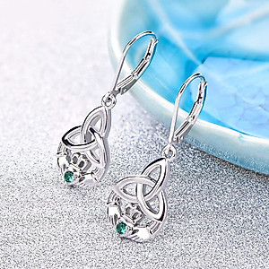 JO WISDOM Women Claddagh Earrings,925 Sterling Silver Irish Celtic Claddagh Love Heart Drop & Dangle Leverback Earrings with Green Emerald