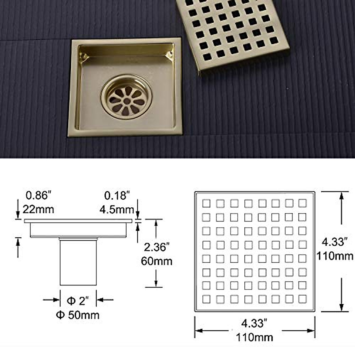 Square Shower Drain 4 inch, Nicmondo Floor Waste Drain Point Center with Removable Grate Cover, 304 Stainless Steel, 11cm x 11cm, PVD Brushed Gold