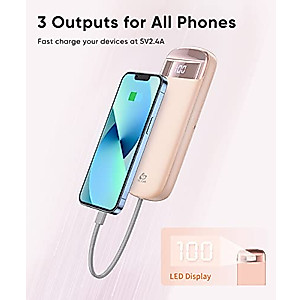 Portable Charger with Built in Cables, 10000mAh USB C iPhone Power Bank, Type C Backup External Battery Pack with 3 Outputs LED Display Compatible with iPhone, Galaxy, Android CellPhones (Pink)