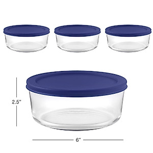BOVADO USA 4 Cup Glass Food Storage Containers (4 Pack) | Nonpourous Dishwasher, Freezer & Oven Safe Glass, Easy-Clean | Blue Lids