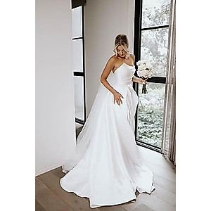 Strapless Wedding Dresses for Bride 2023 Simple Satin Wedding Dress with Slit Ivory Ball Gown for Women Size 14