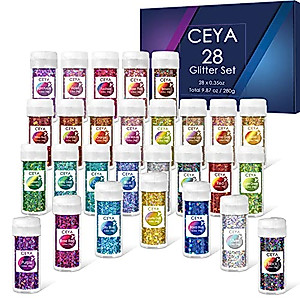 Ceya Holographic Chunky Glitter Set 28 Colors, 9.87oz/280g Craft Glitter Powder Mixed Chunky Fine Sparkle Flakes Each 15ml Iridescent Nail Sequins for Epoxy Resin Nail Art Tumbler Slime Festival Decor