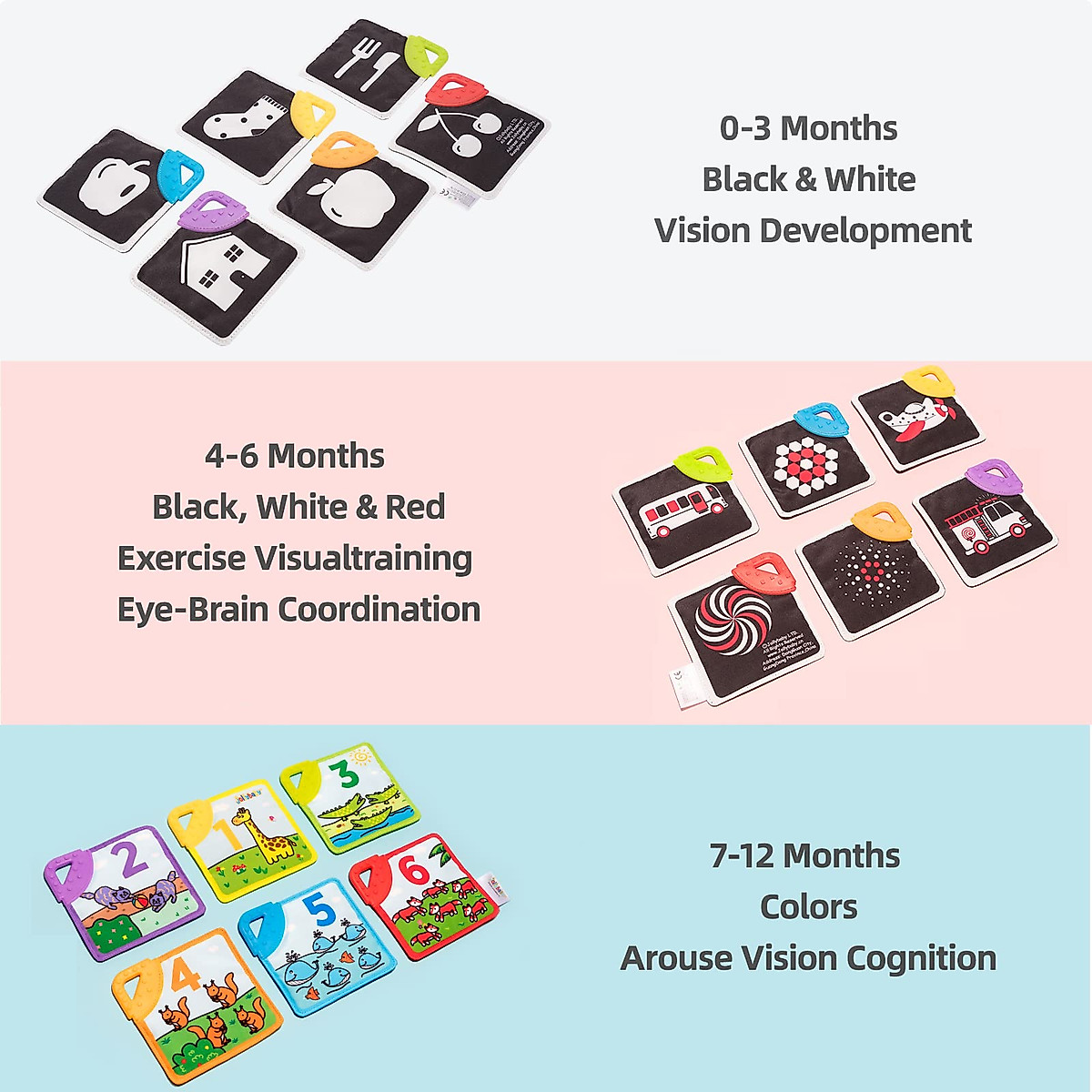 Jollybaby Newborn Sensory Teething Toy, Early Educational Bright Color High Contrast Teether Cloth Book, Clip-on Soft Fabric Flash Cards with Gift Package for 0 to 12 Months Travel Teething Relief