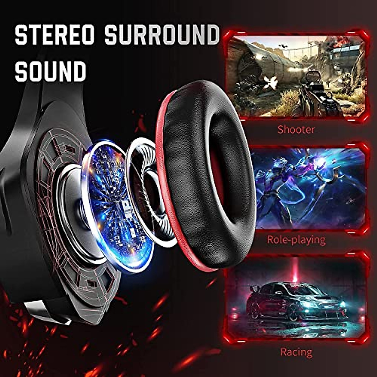 Gaming Headset for PS4, PS5, PC, Xbox One, Over-Ear Gaming Headphones with Noise Cancelling Mic, Premium Stereo, Lightweight Comfortable Earmuffs for Switch Laptop Mobile