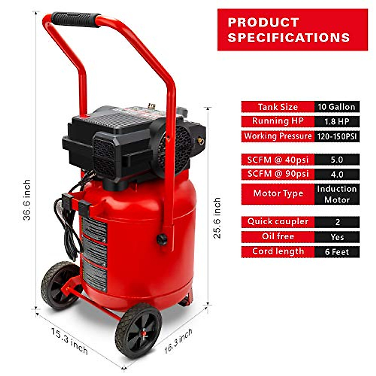 Craftsman Air Compressor, 10 Gallon Peak 1.8 Horsepower Oil-free Compressor, Max 150 PSI, Vertical Compressor Air Tools, Model: CMXECXA0331042, Red
