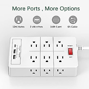 Power Strip with USB C - 12 Widely Outlets with 2 USB Charging Ports+1 USB C Total 3.1 A, 6 ft Long Heavy Duty Extension Cord,Overload Surge Protection, Surge Protector Wall Mount for Home (White)