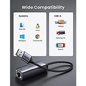 UGREEN USB to Ethernet Adapter USB 3.0 to 10 100 1000 Mbps Gigabit LAN Network Adapter RJ45 Internet Adapter Compatible with Nintendo Switch Laptop PC MacBook Surface XPS Raspberry Pi 4b, and More