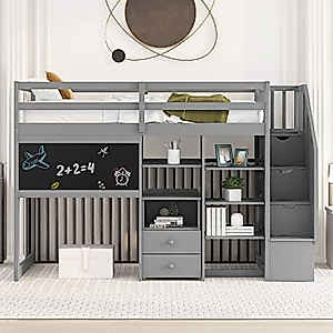 Harper & Bright Designs Twin Loft Bed with Stairs, Solid Wood Loft Bed with Pullable Desk and Storage Shelves and Blackboard, for Bedroom, Dorm, Boys, Girls, Adults (Twin Size, Gray)
