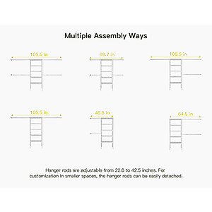 Ulif M2 Closet Organizer System, 5.9 Feet Height Mounted to the Wall Garment Rack with 4 Expandable Hanger Rods, 5 Shelves in 23.6" L x 14.5" W, Suit Total Space from 5.8-8.8 ft, White